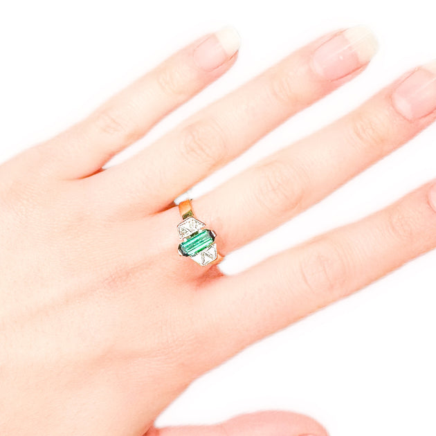 18ct Yellow Gold Art Deco Gilson Emerald Diamond Ring | CG Jewellery